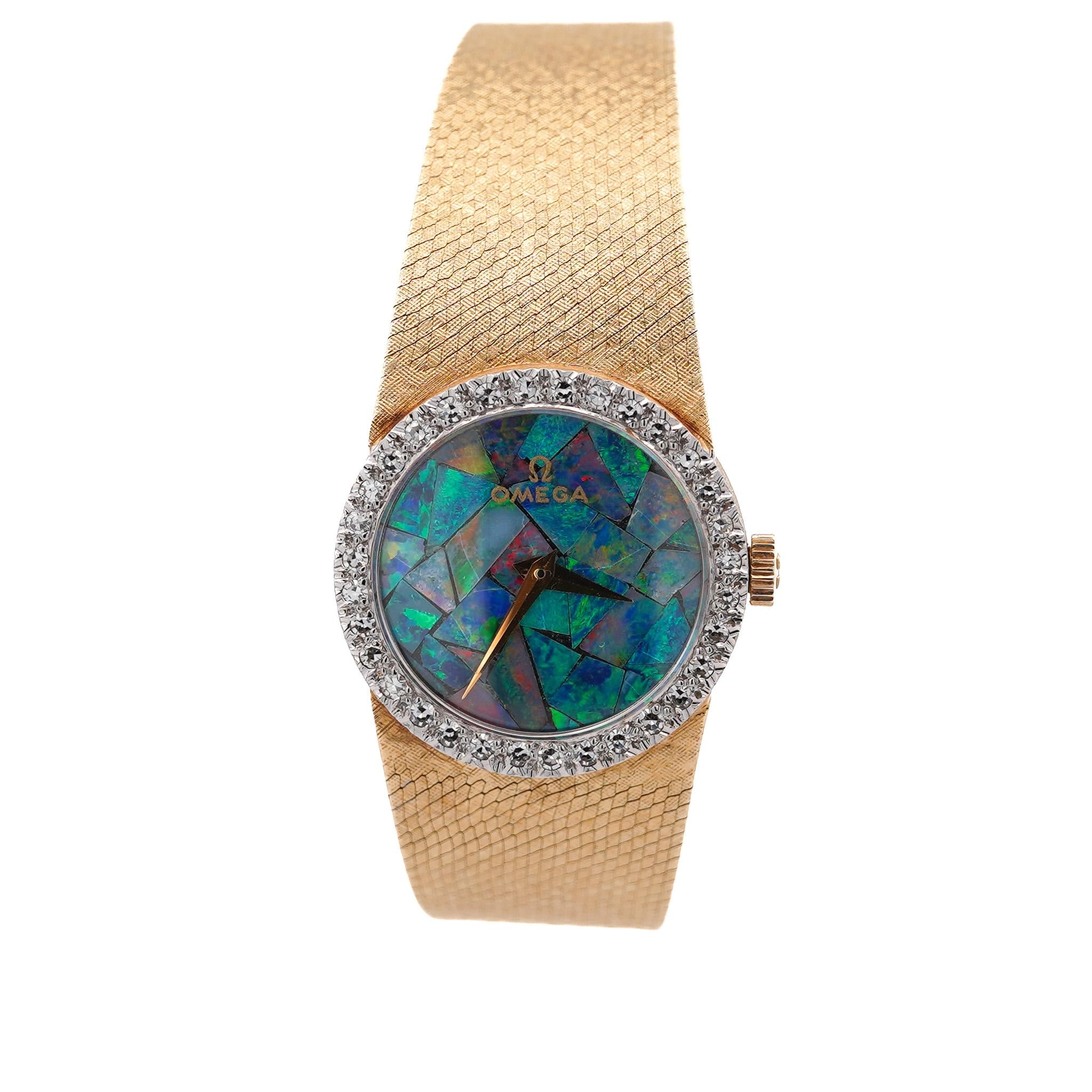 Omega 23mm Fire Black Opal Dial Diamond Bezel 14K Gold Watch – ASSAY