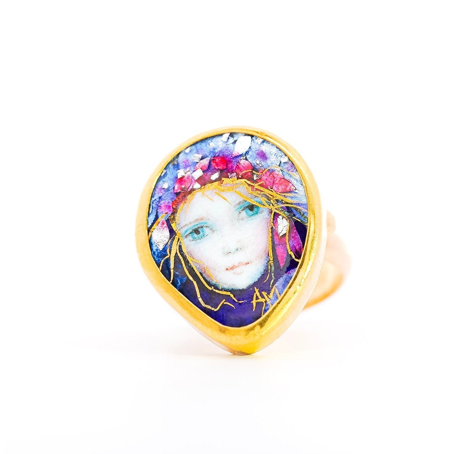 Vintage 22K Enamel and Gold "Auspice Maria" Saint Mary motif Christian ...